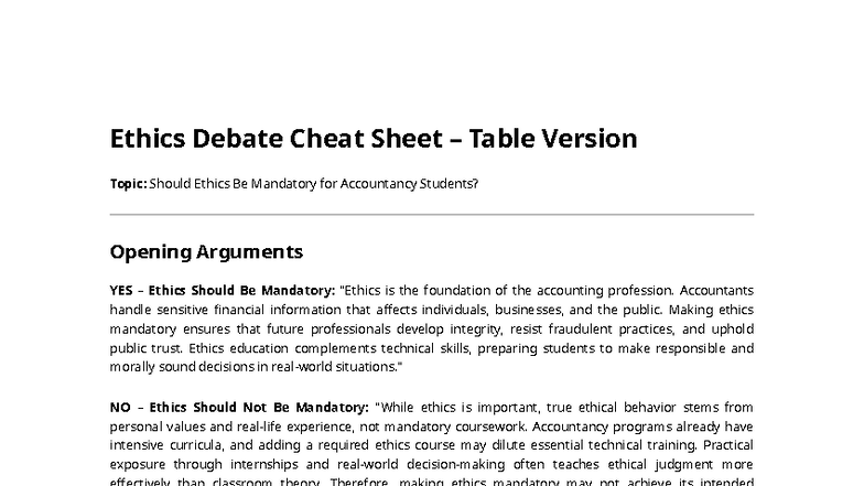 Ethics Debate Cheat Sheet: Should Ethics Be Mandatory for ACCT Students ...