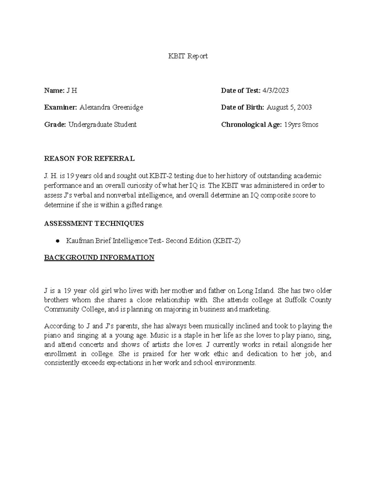 KBIT-2 Assessment Report for J.H. - Assignment 1c - Studocu
