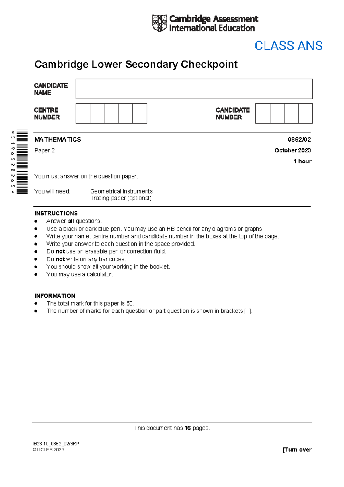 Cambridge Lower Secondary Checkpoint Mathematics Paper 2 - Oct 2023 ...