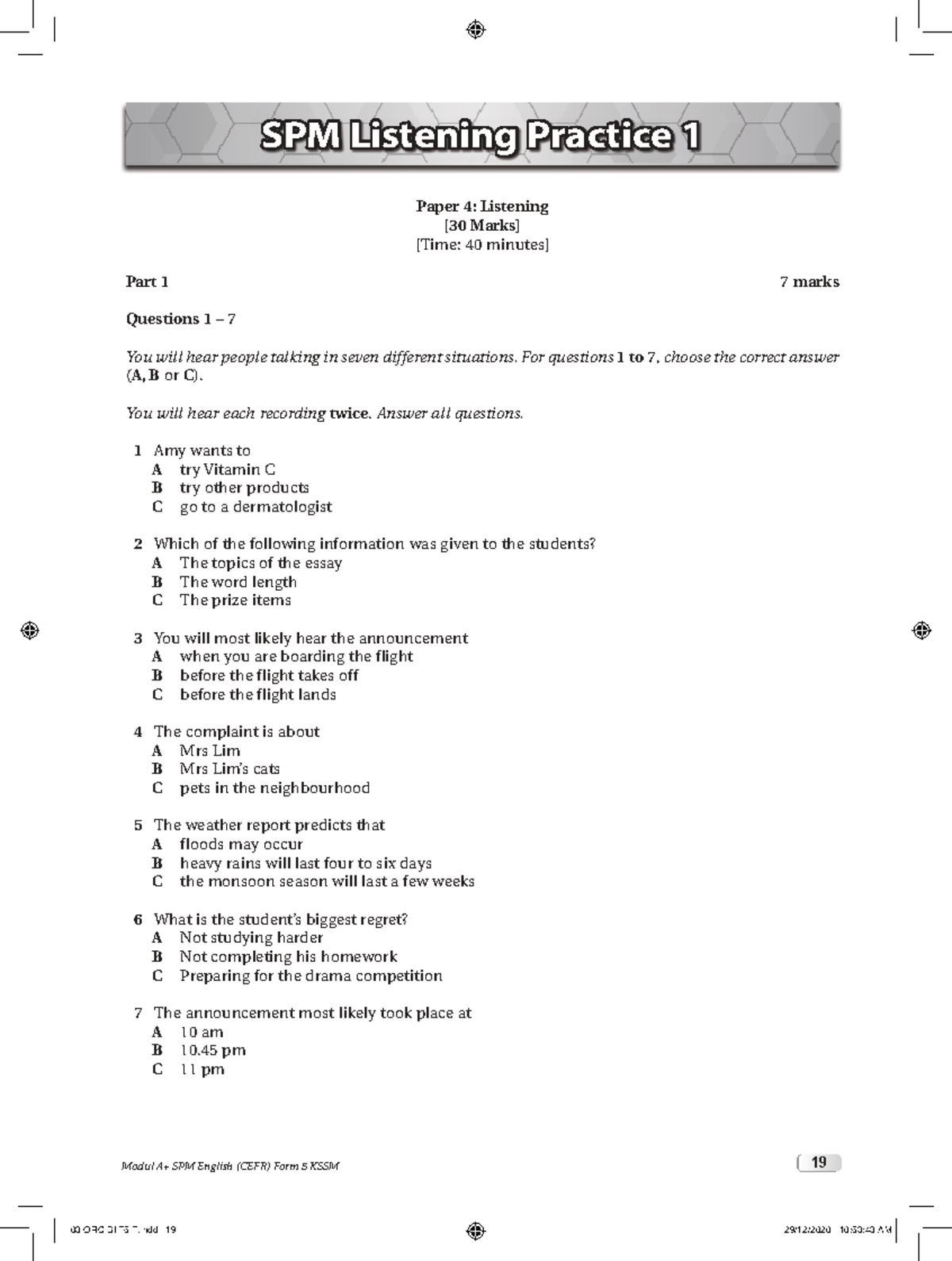 SPM Listening Practice 1 & 2: Paper 4 Listening Exercises - Studocu