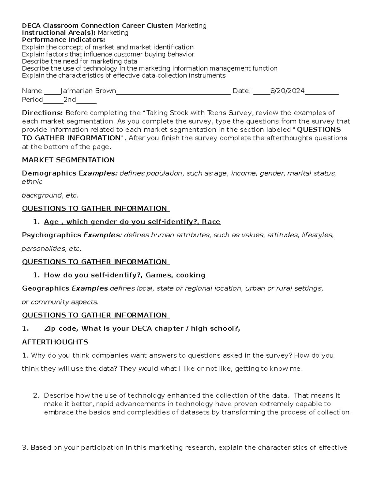 DECA Taking Stock With Teens Survey Handout - DECA Classroom Connection ...