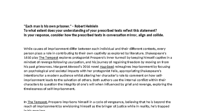 Mod A: The Tempest & Hag-Seed Practice Essay on Self-Imprisonment - Studocu
