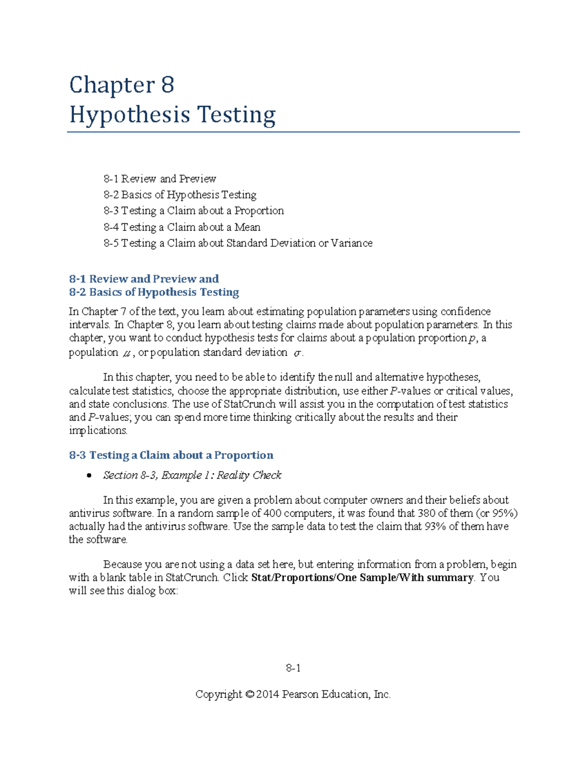 Statistics Ch8 - ch 8 - 8- Chapter 8 Hypothesis Testing 8-1 Review and ...