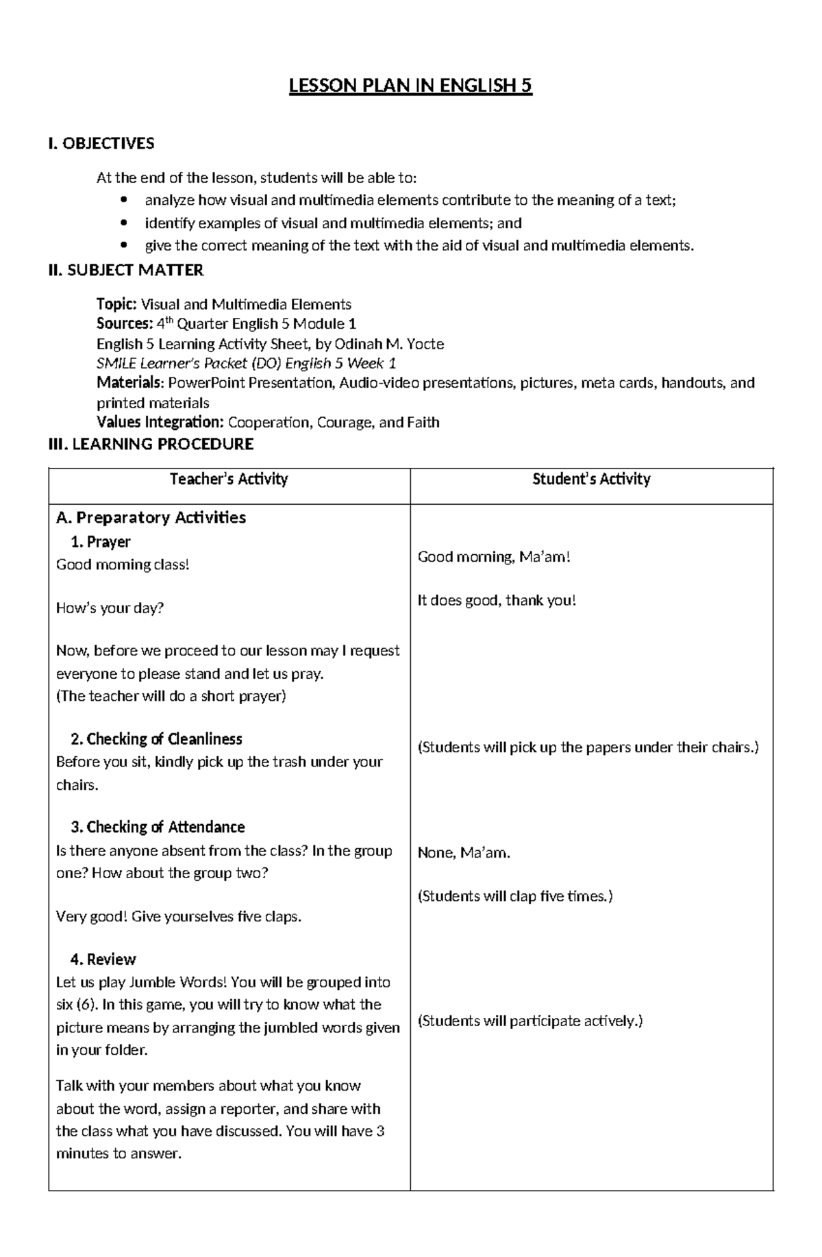 English 5 Lesson Plan: Visual & Multimedia Elements Activities - Studocu