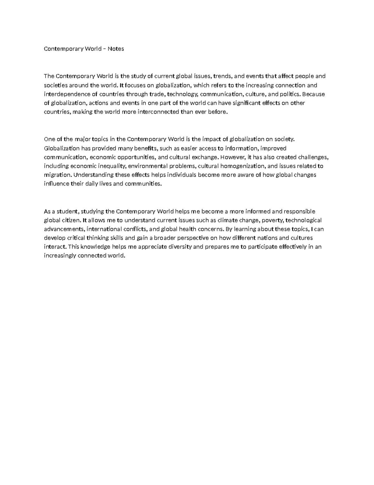 Contemporary World Notes: Globalization & Its Impact - Studocu