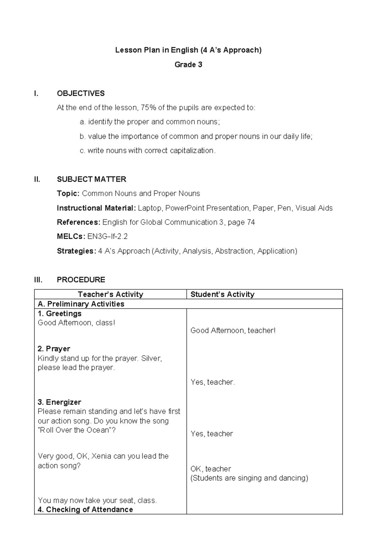 Lesson Plan: Common and Proper Nouns (Grade 3, EN3G-If-2) - Studocu