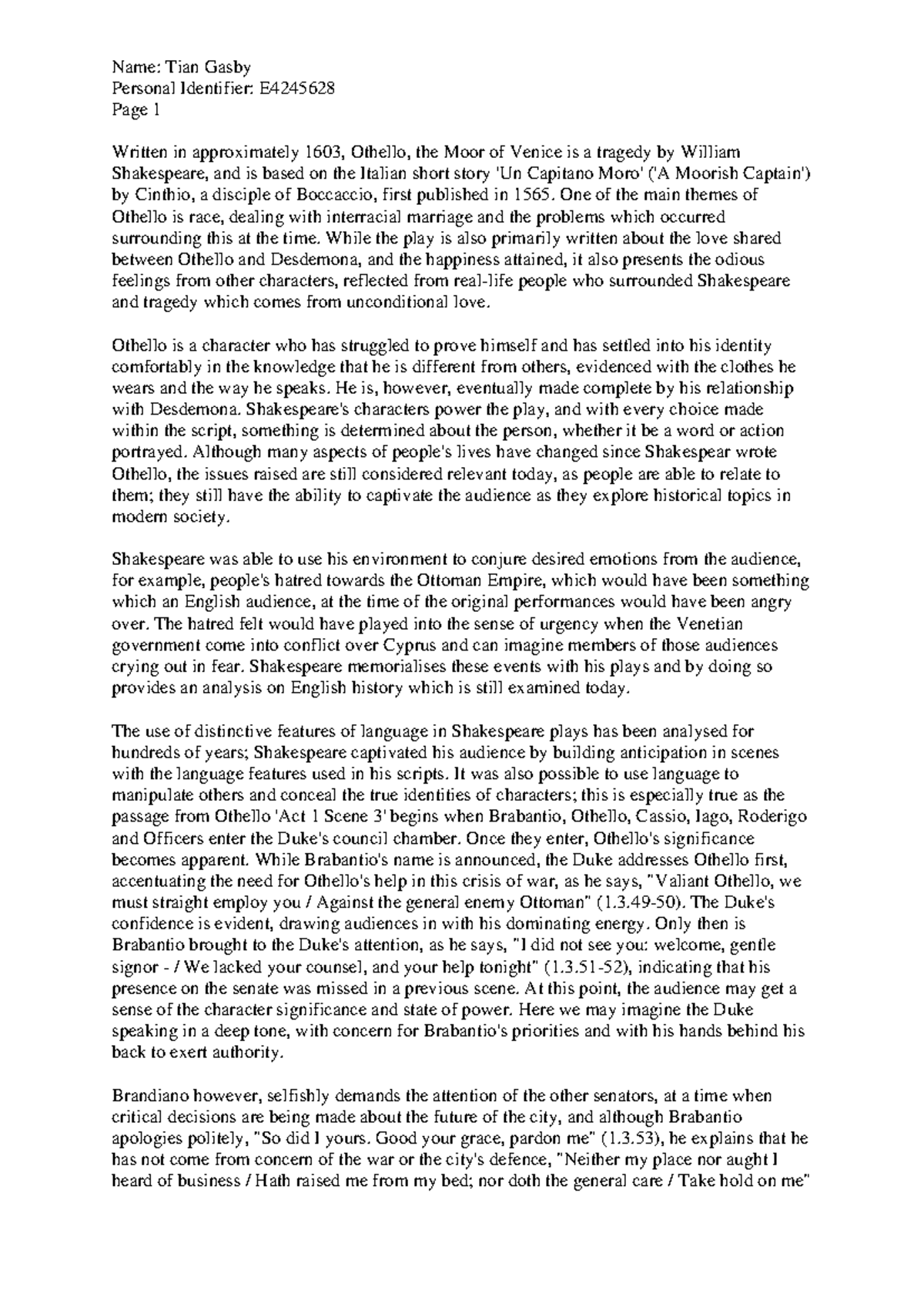 TMA01 Essay Notes: Analysis of Othello's Language and Themes - Studocu