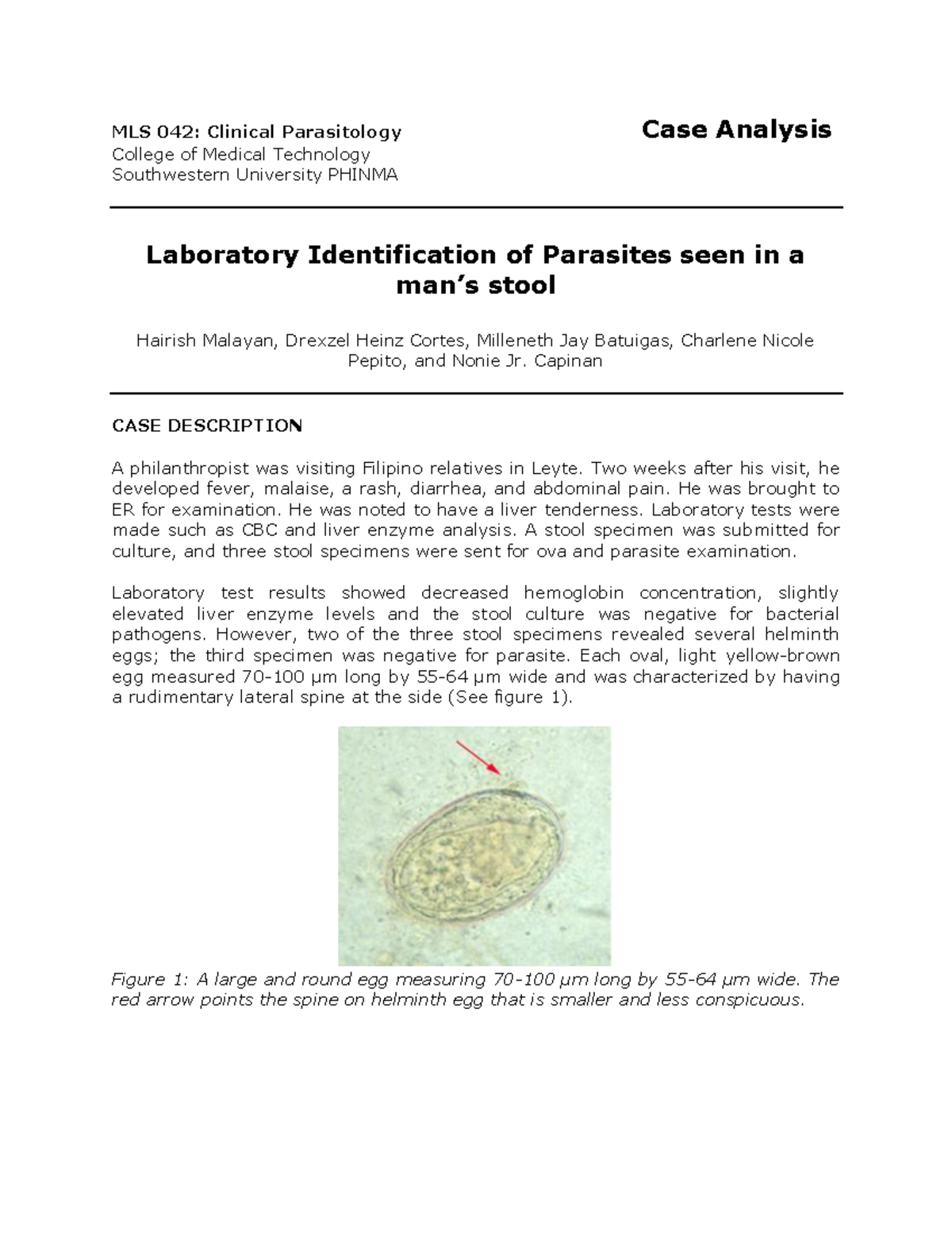 CASE 1 - Lecture notes Laboratory - MLS 042: Clinical Parasitology Case ...