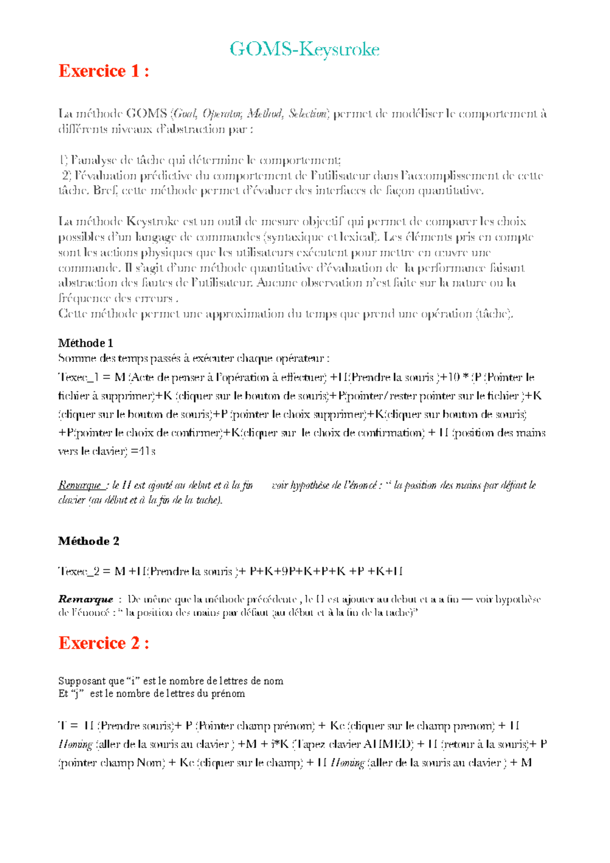 GOMS-Keystroke Analysis & Task Evaluation Techniques - Correction Fiche ...