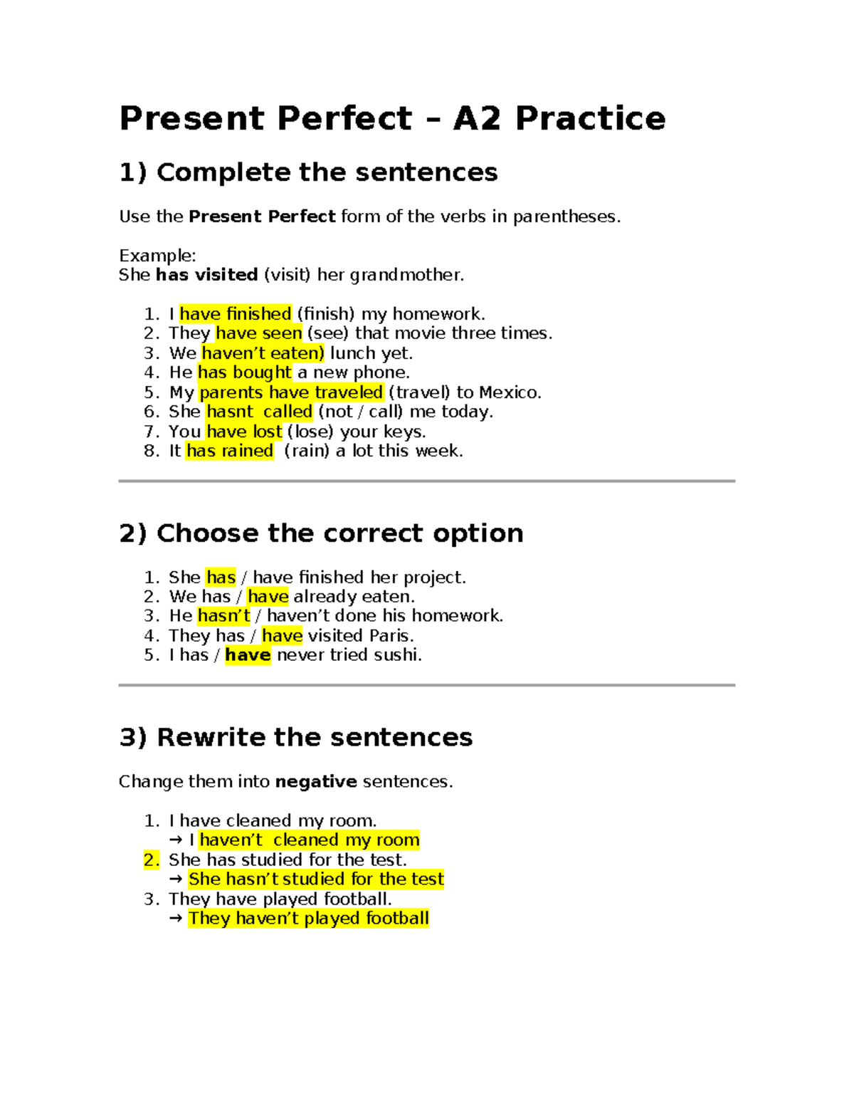 Present Perfect A2 Practice: Sentence Completion & Correction - Studocu