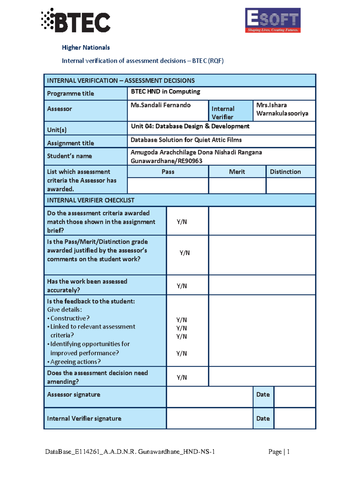 Sample - Nice documents - Higher Nationals Internal verification of ...