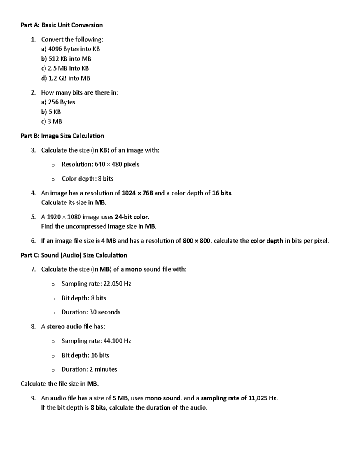 Image & Sound Conversion: Unit & Size Calculations (CS101) - Studocu