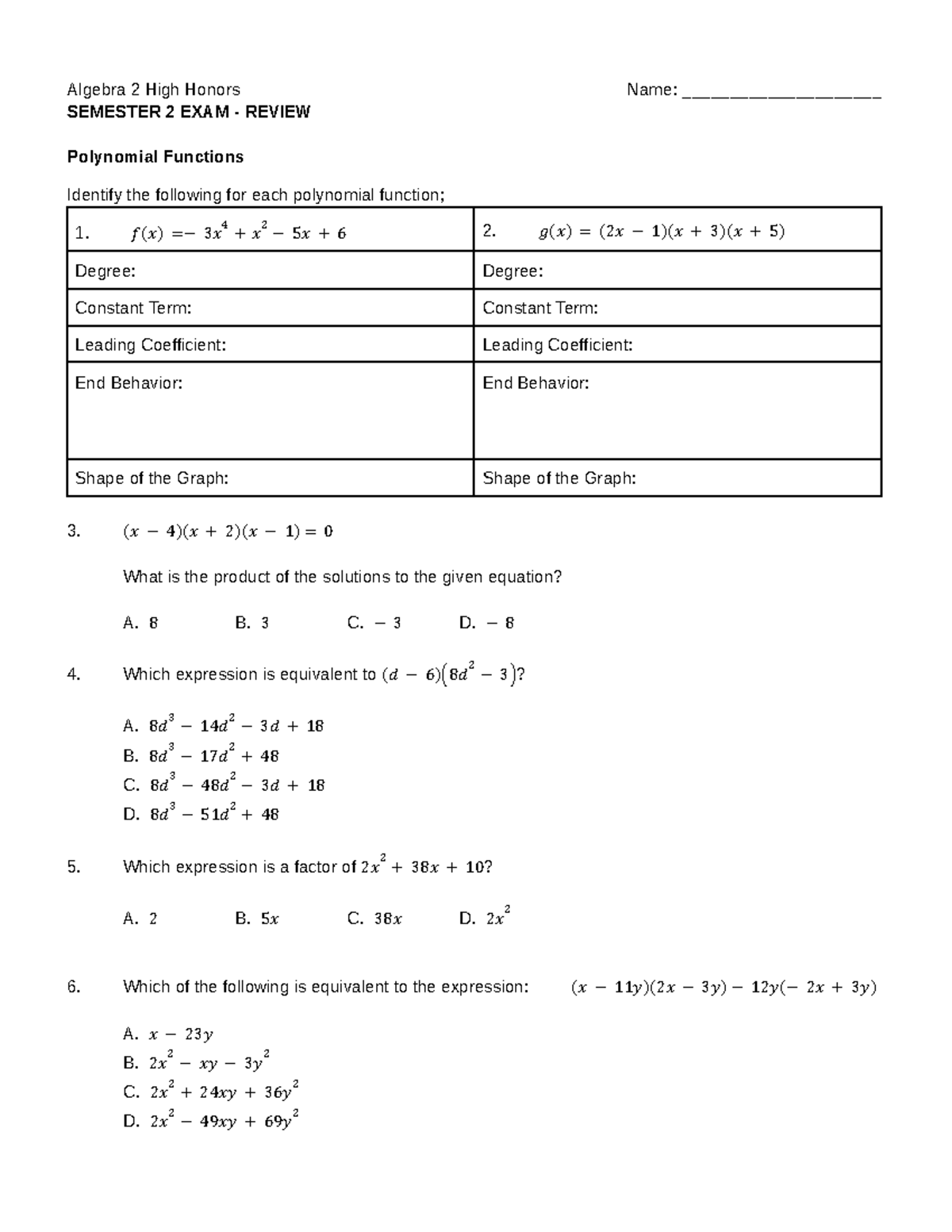 HH S2 Exam Review - ####### Algebra 2 High Honors Name ...