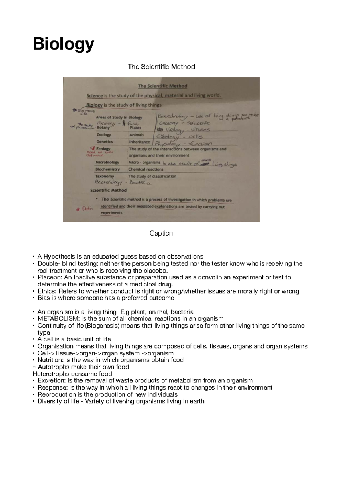 Biology 101: Understanding the Scientific Method and Life Processes - Studocu