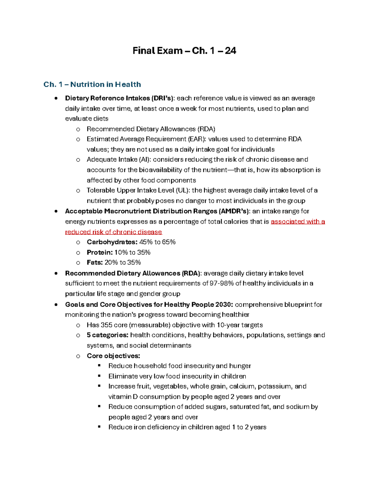 Final Exam Review: Nutrition in Health (NUT 101) Chapters 1-8 - Studocu