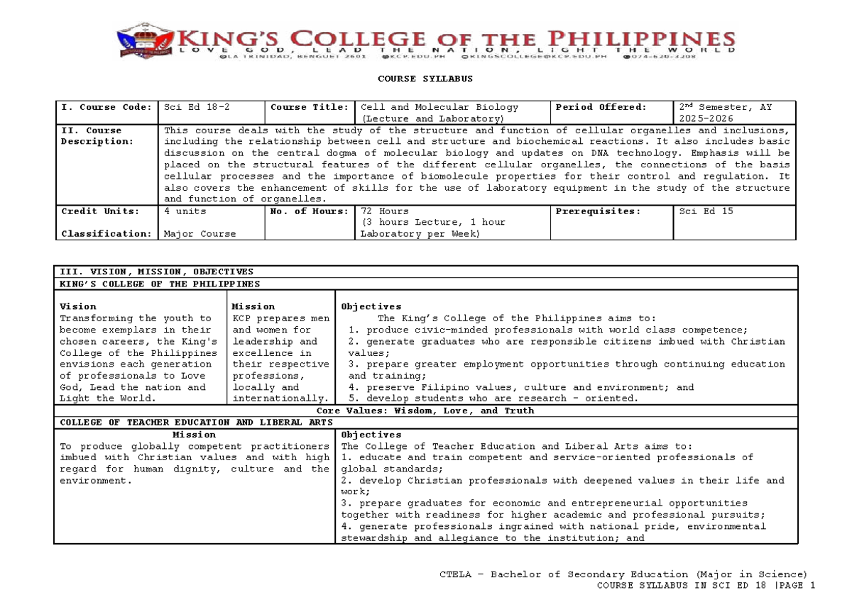 BSED Sci Ed 18-2 Course Syllabus: Cell and Molecular Biology - Studocu