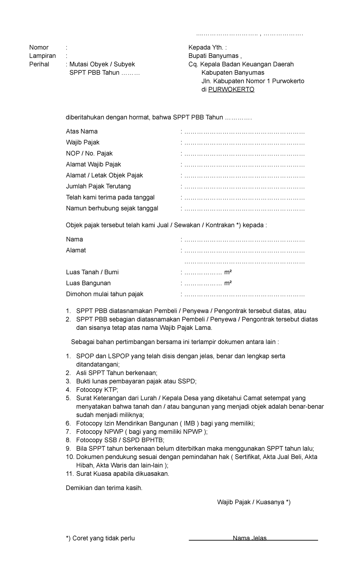 Formulir Pengajuan Mutasi SPPT PBB - Bupati Banyumas - Studocu