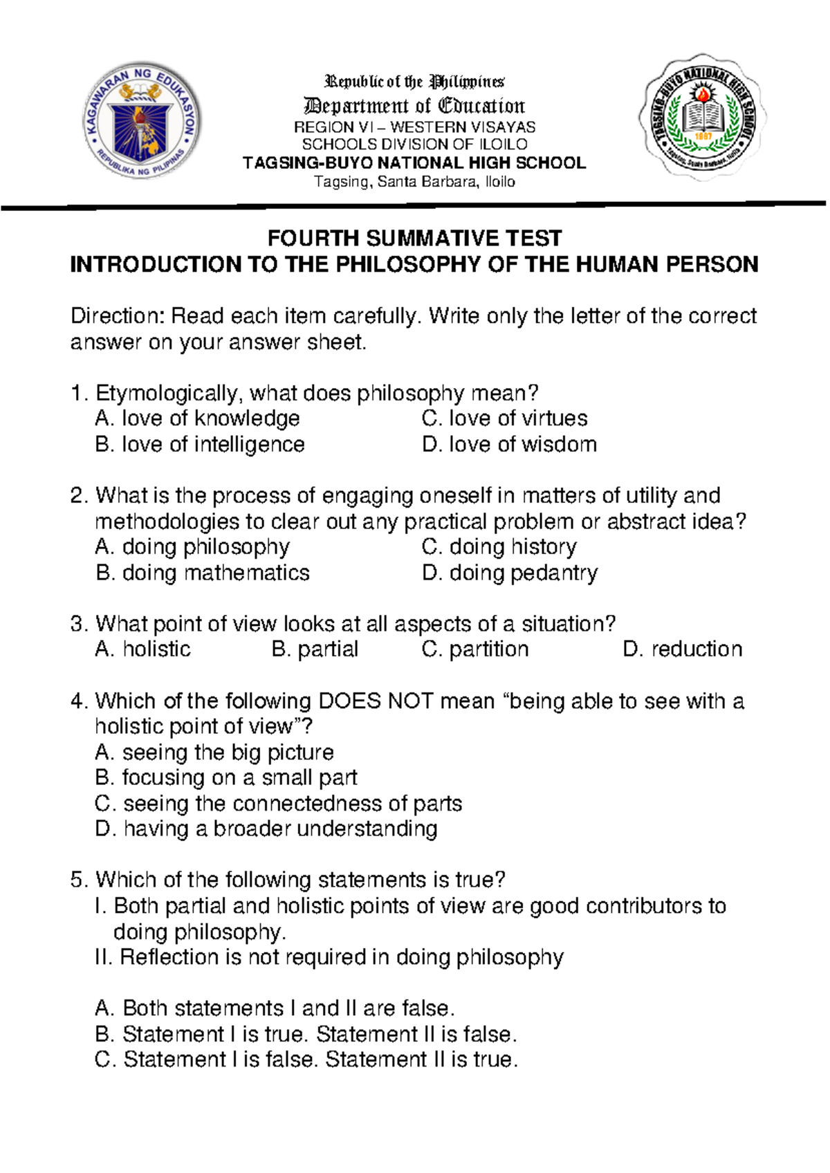 4TH SUMMATIVE TEST: INTRO TO PHILOSOPHY OF THE HUMAN PERSON - Studocu
