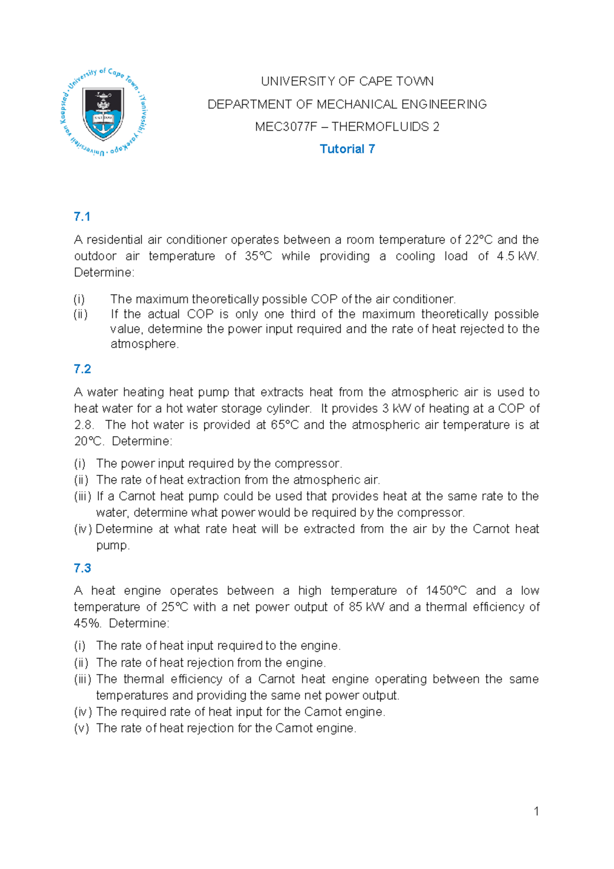 MEC3077F - Thermofluids 2: Tutorial 7 Solutions and Analysis - Studocu