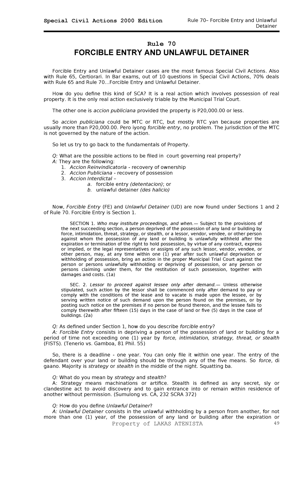 Special Civil Actions Review: Forcible Entry & Unlawful Detainer (Rule ...