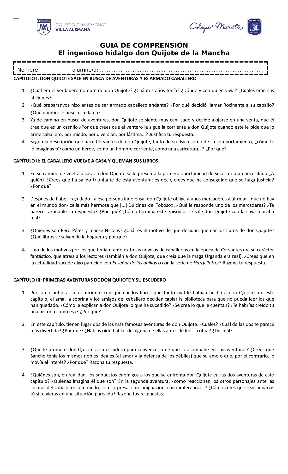 Guia de comprensión Quijote 1 - GUIA DE COMPRENSIÓN El ingenioso ...