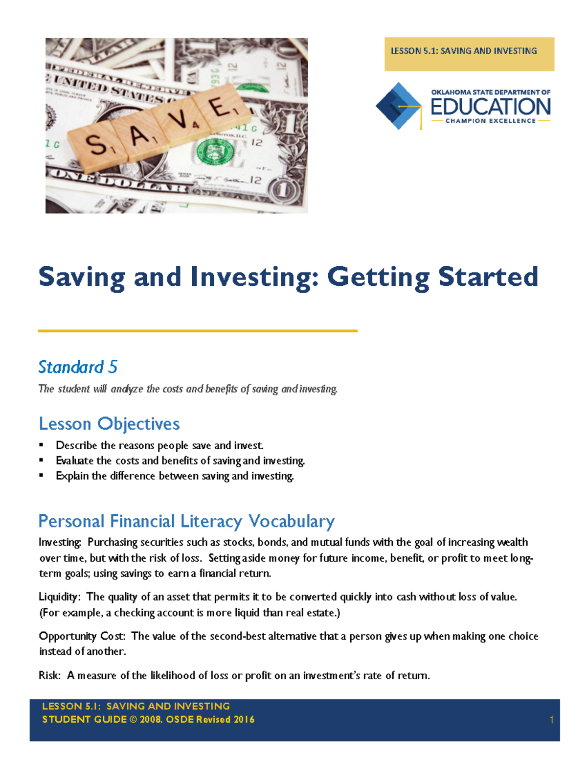 Getting Started - yes - LESSON 5: SAVING AND INVESTING Saving and ...