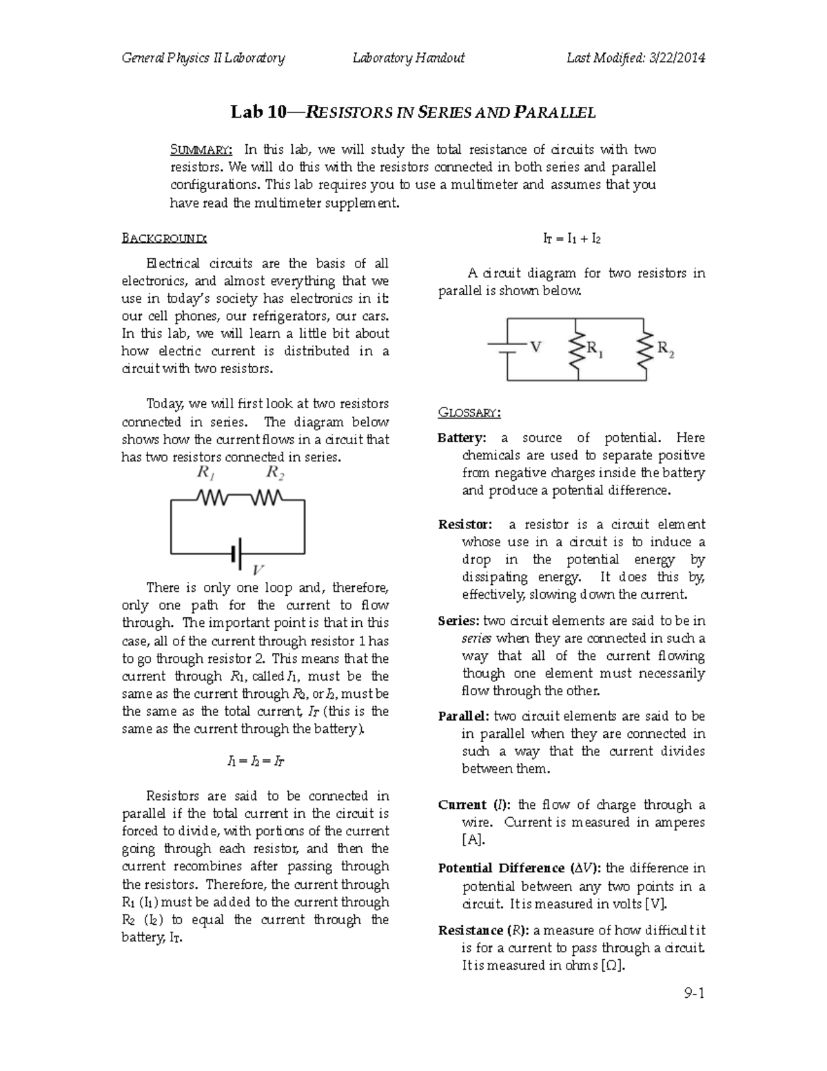Lab 10 - Resistors in Series and Parallel (General Physics II) - Lab 10 ...