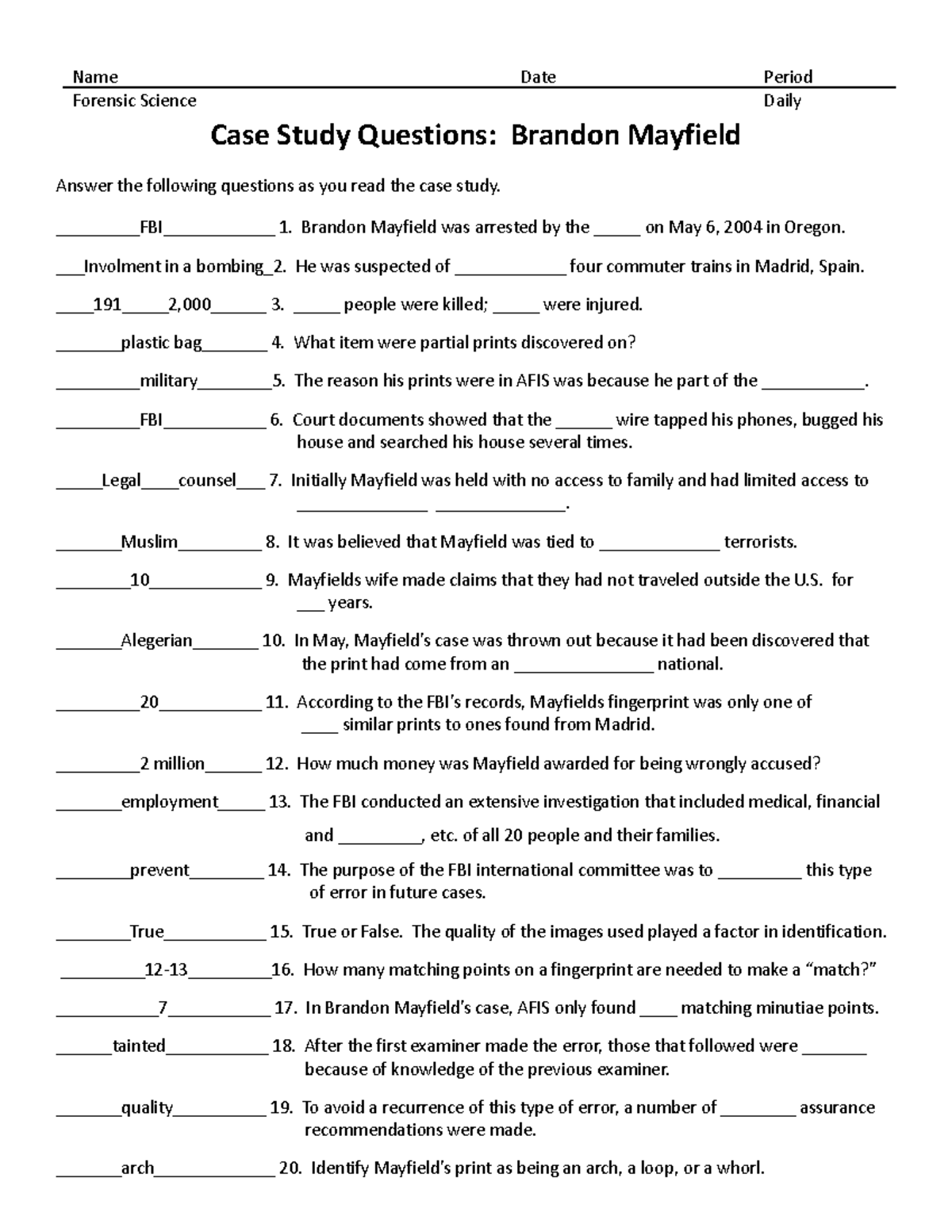 Case Study Wkst - Brandon Mayfield - Name Date Period Forensic Science ...