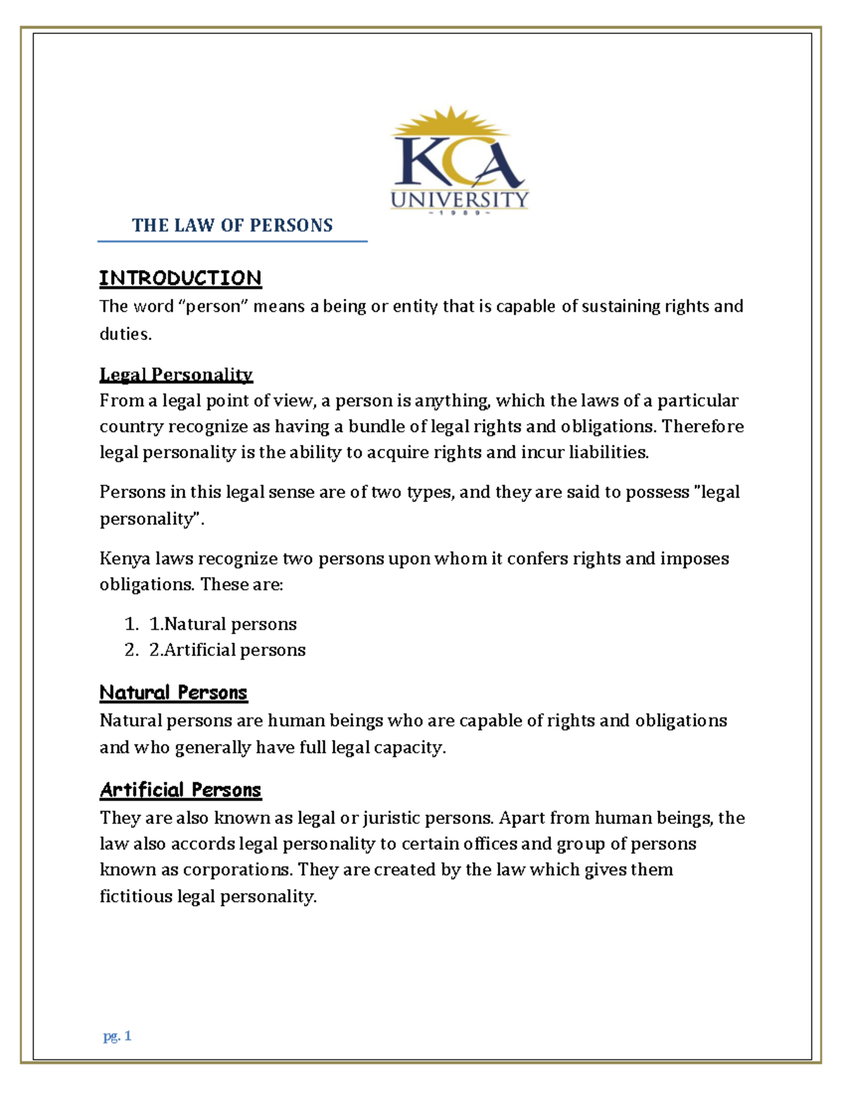 Business Law (BL101): The Law of Persons Overview and Key Concepts ...