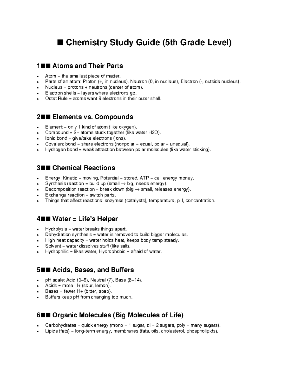 Chemistry Study Guide (5th Grade) - Atoms, Bonds, and Reactions - Studocu