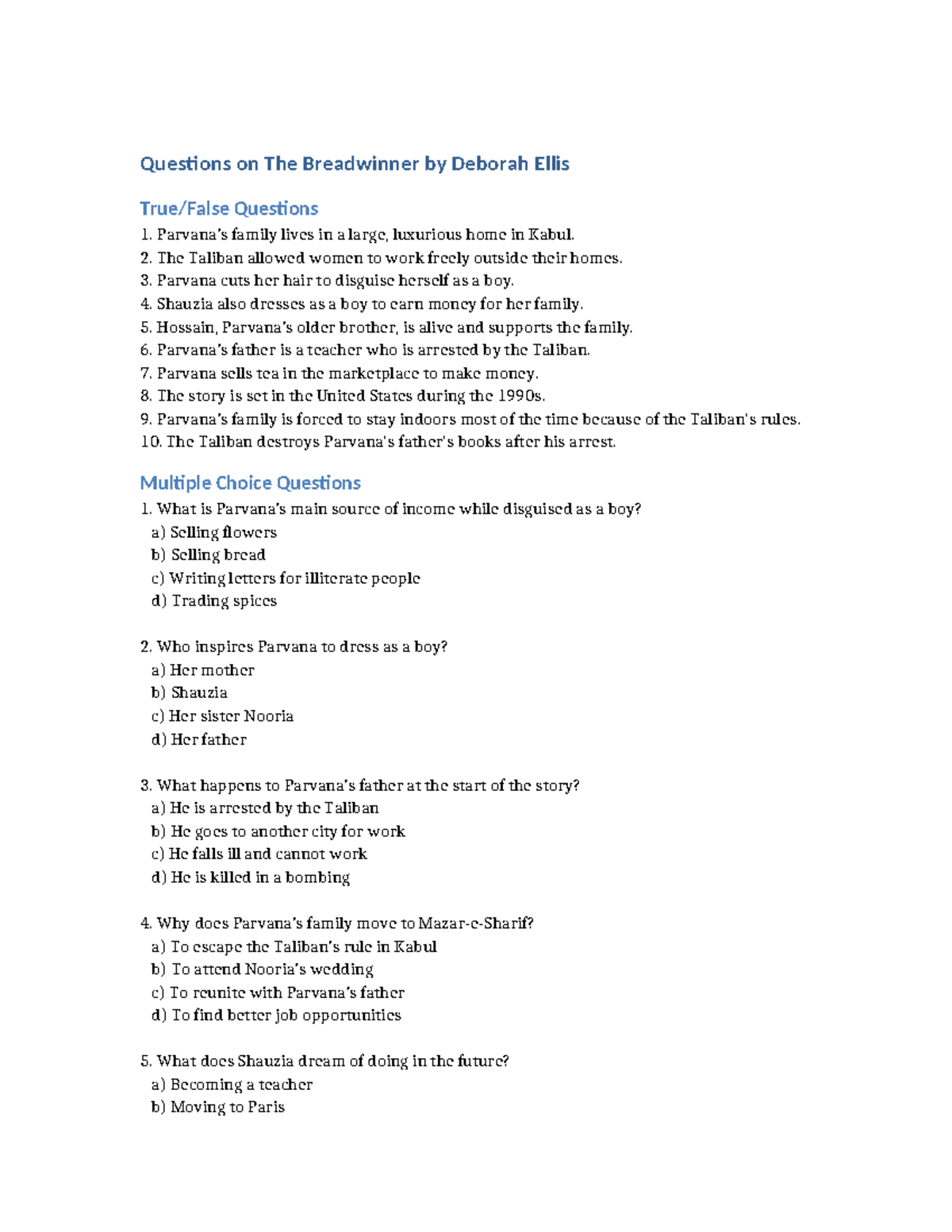 The Breadwinner Study Questions: True/False & Multiple Choice - Studocu