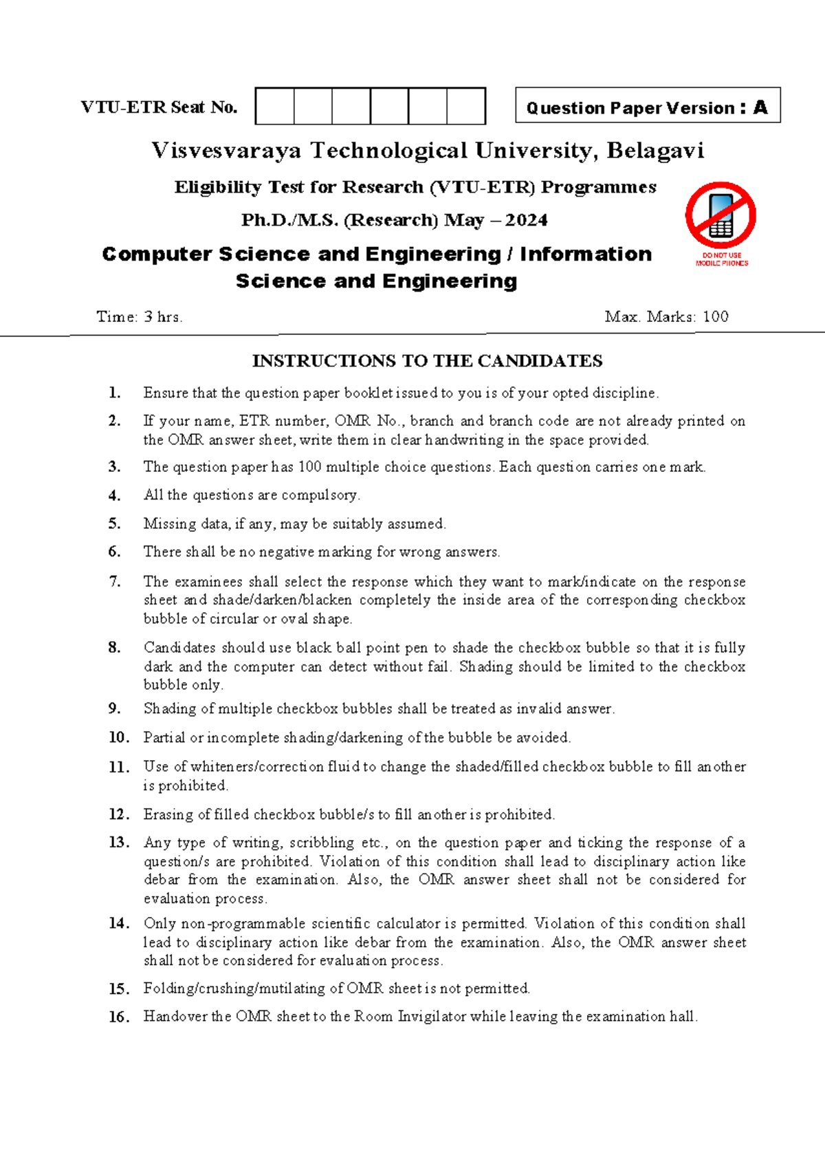 VTU-ETR Ph.D. Syllabus for CS and IS - May 2024 Examination - Studocu