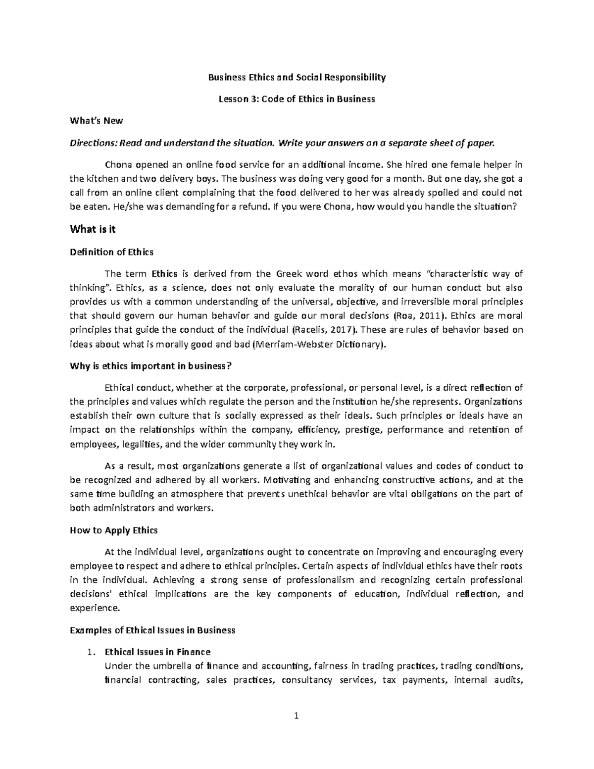 Lesson 3: Business Ethics - Understanding the Code of Ethics - Studocu