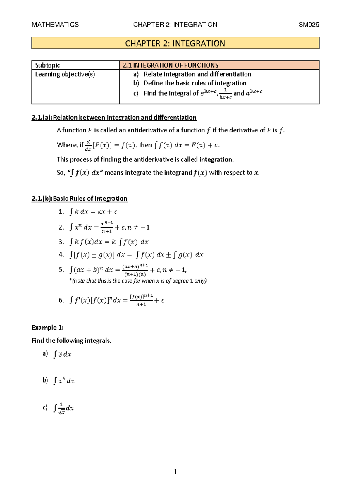Chapter 2: Integration - Lecture Notes (MATH101) - Studocu