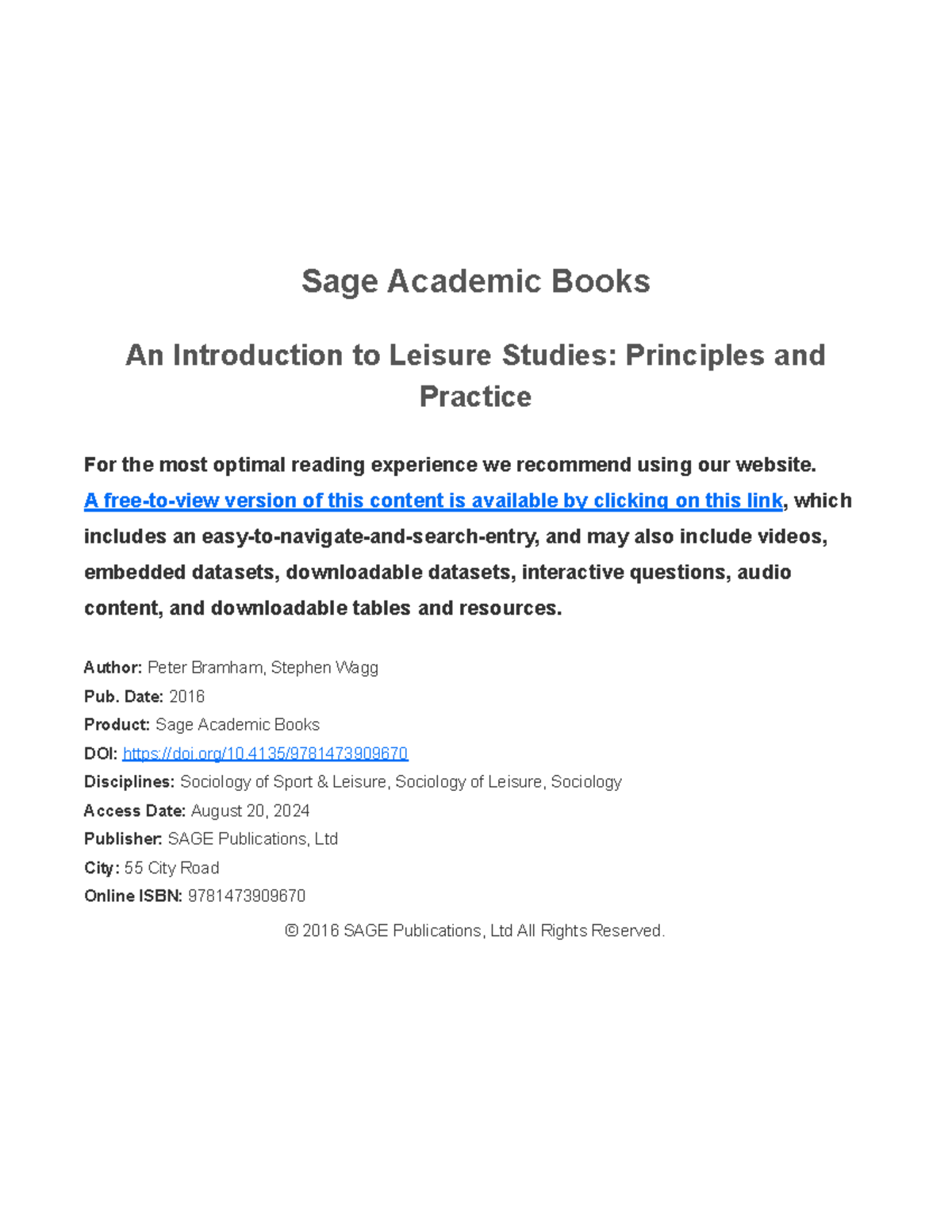 An Introduction to Leisure Studies: Principles & Practice (SAGE) - Studocu