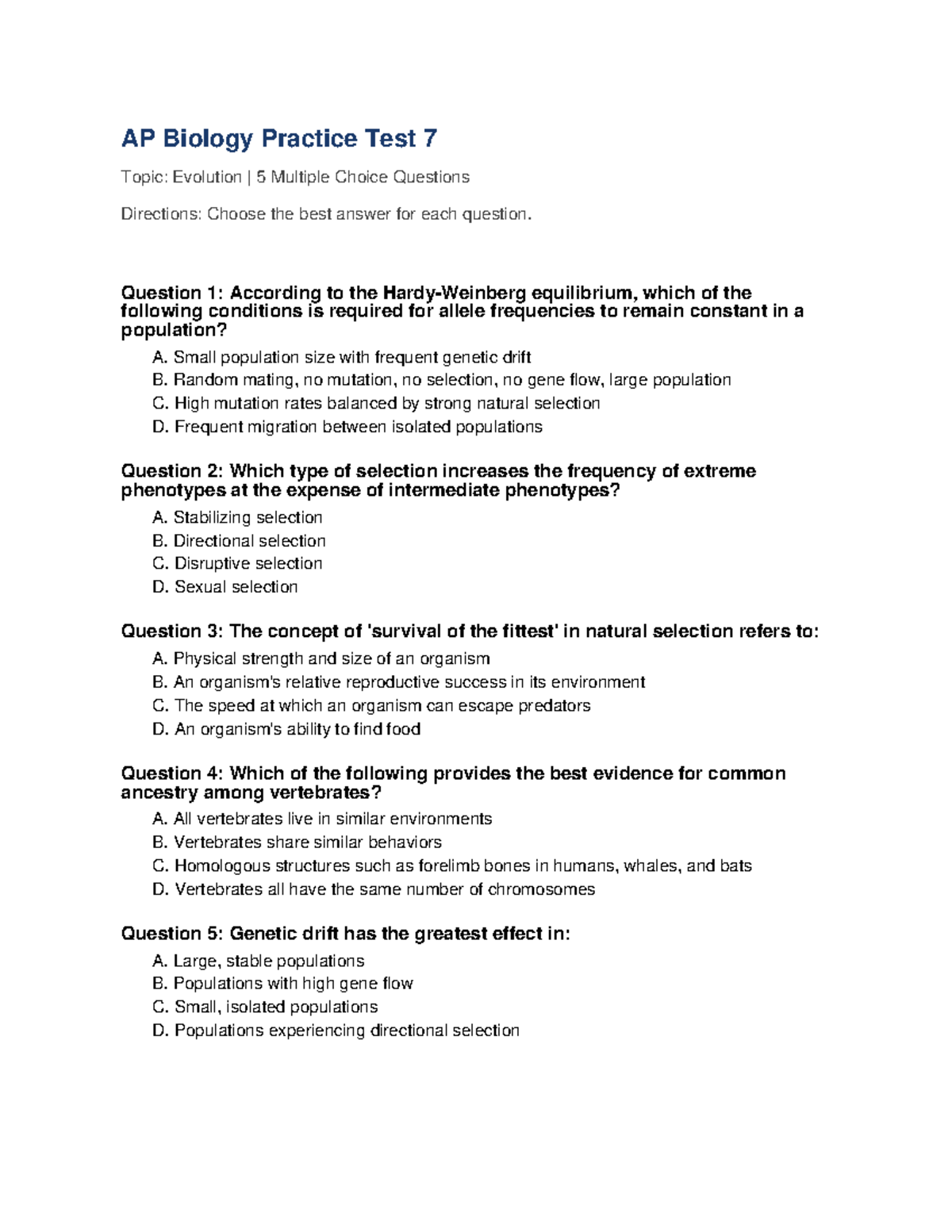 AP Biology MCQ Test 07: Evolution Practice Questions - Studocu