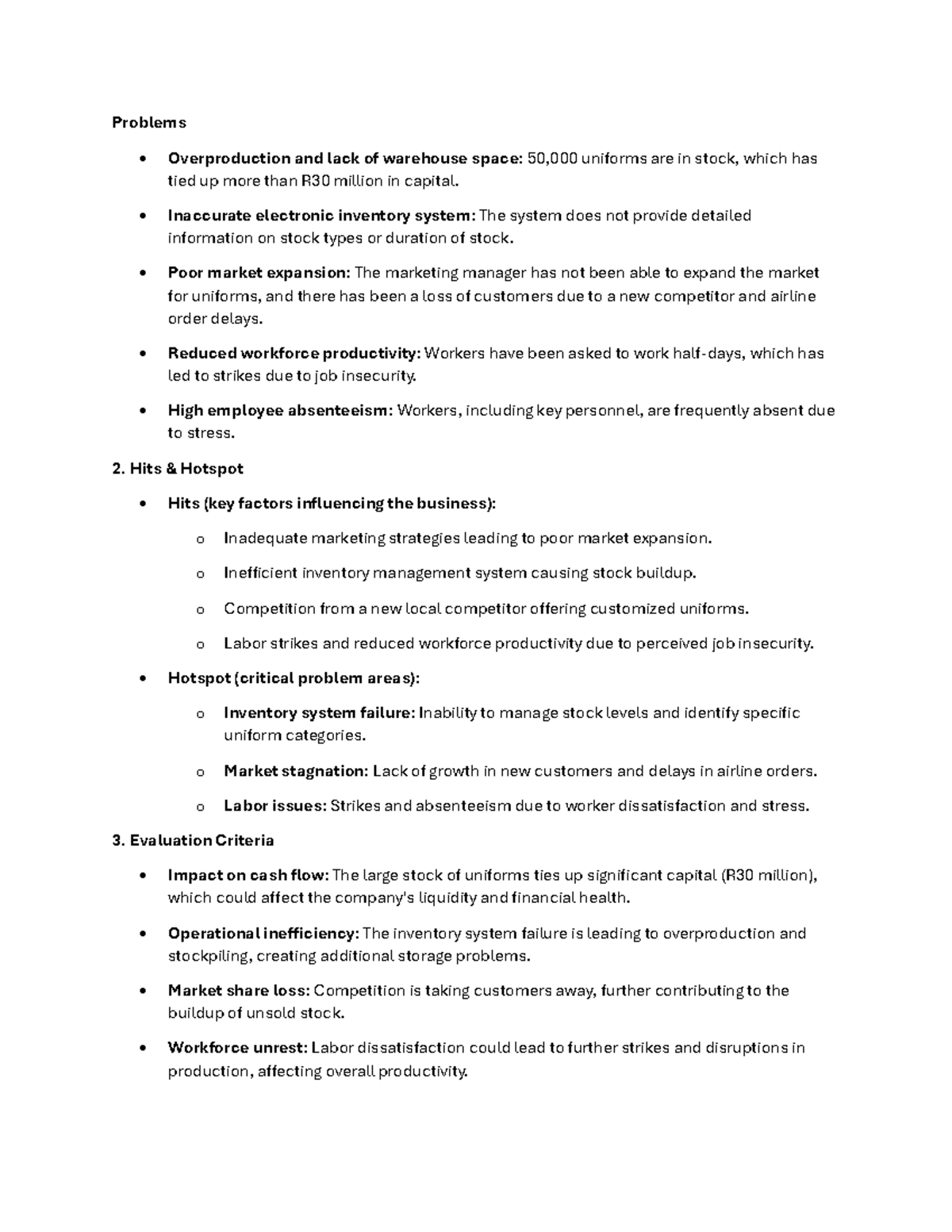 Case Study - Problems - Overproduction and lack of warehouse space ...