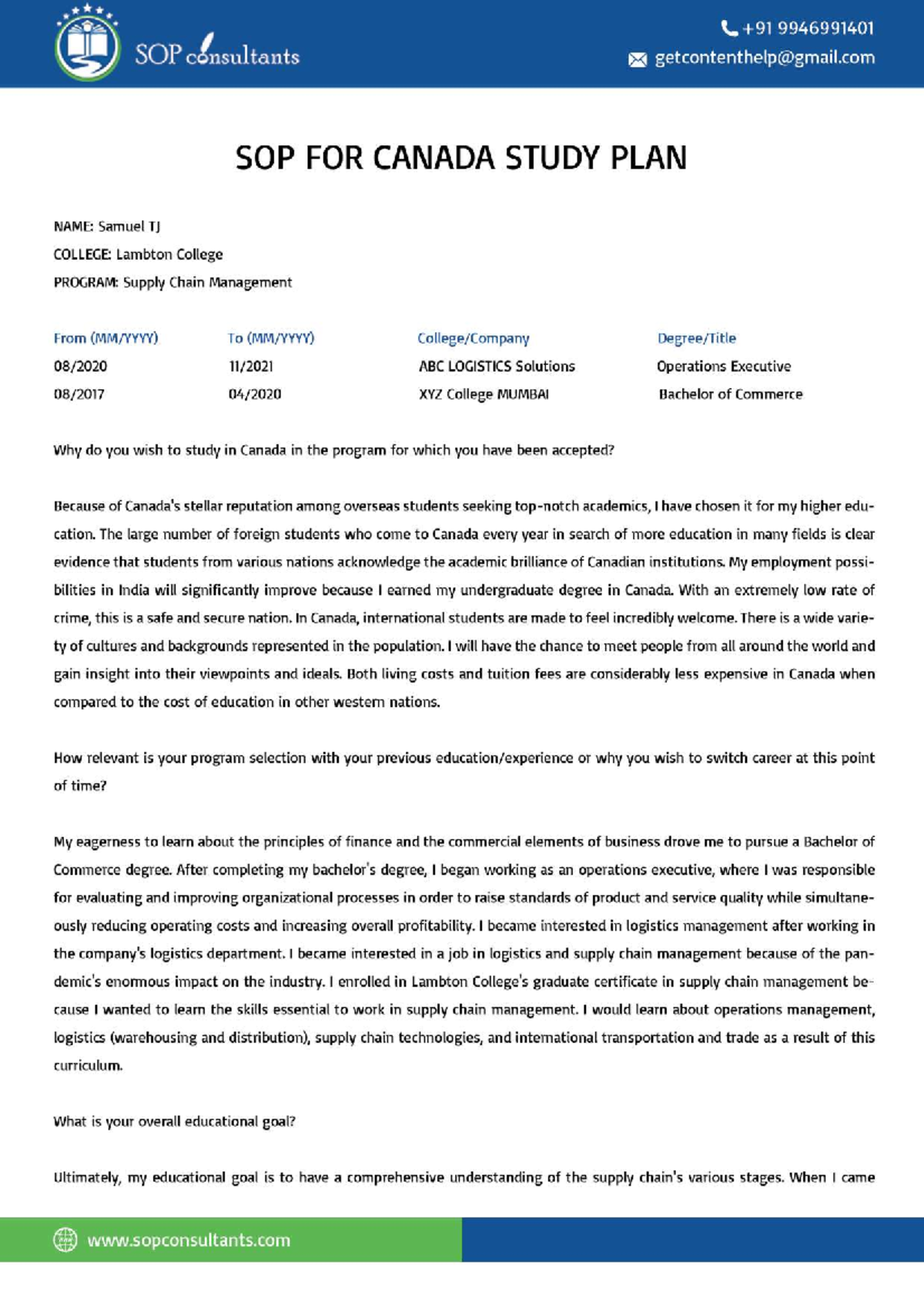 Sample SOP for Canada Study Plan - Business Research Methods - Studocu