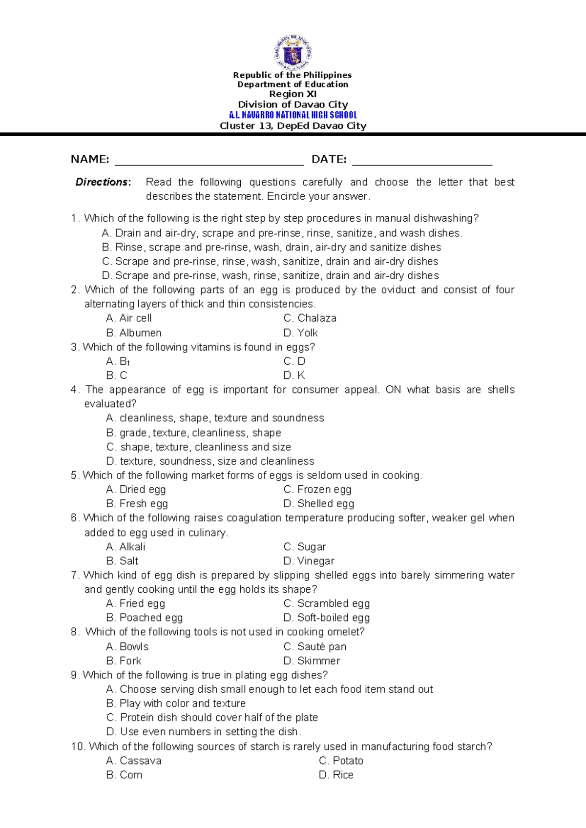 Cookery 10 Q1 - First Periodical Exam Review and Answer Key - Studocu