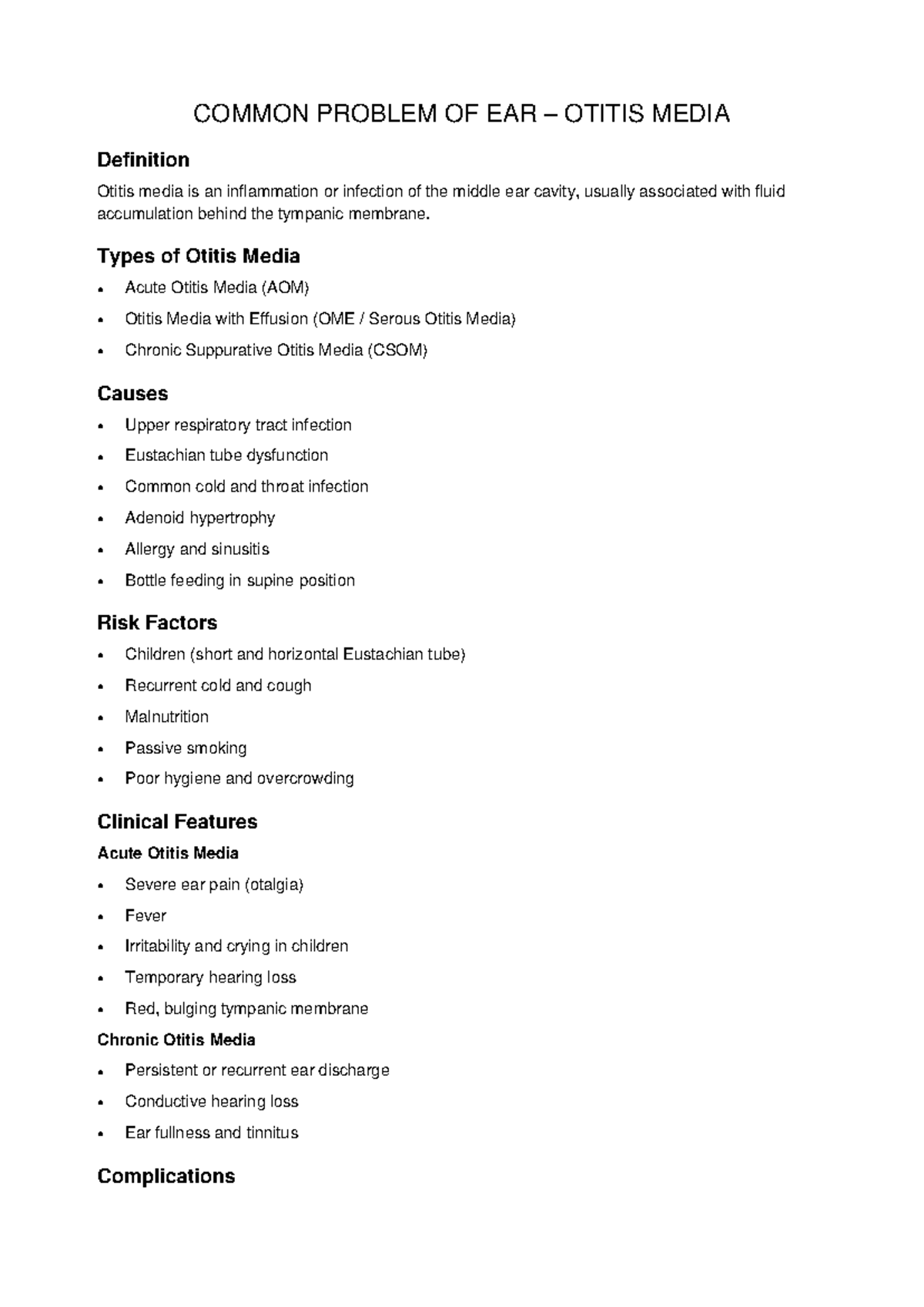Otitis Media (MED 101) Comprehensive Study Notes - Studocu