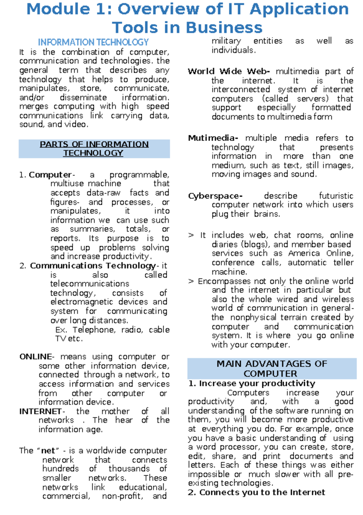 IT Module 1 and 2 - Module 1: Overview of IT Application Tools in ...