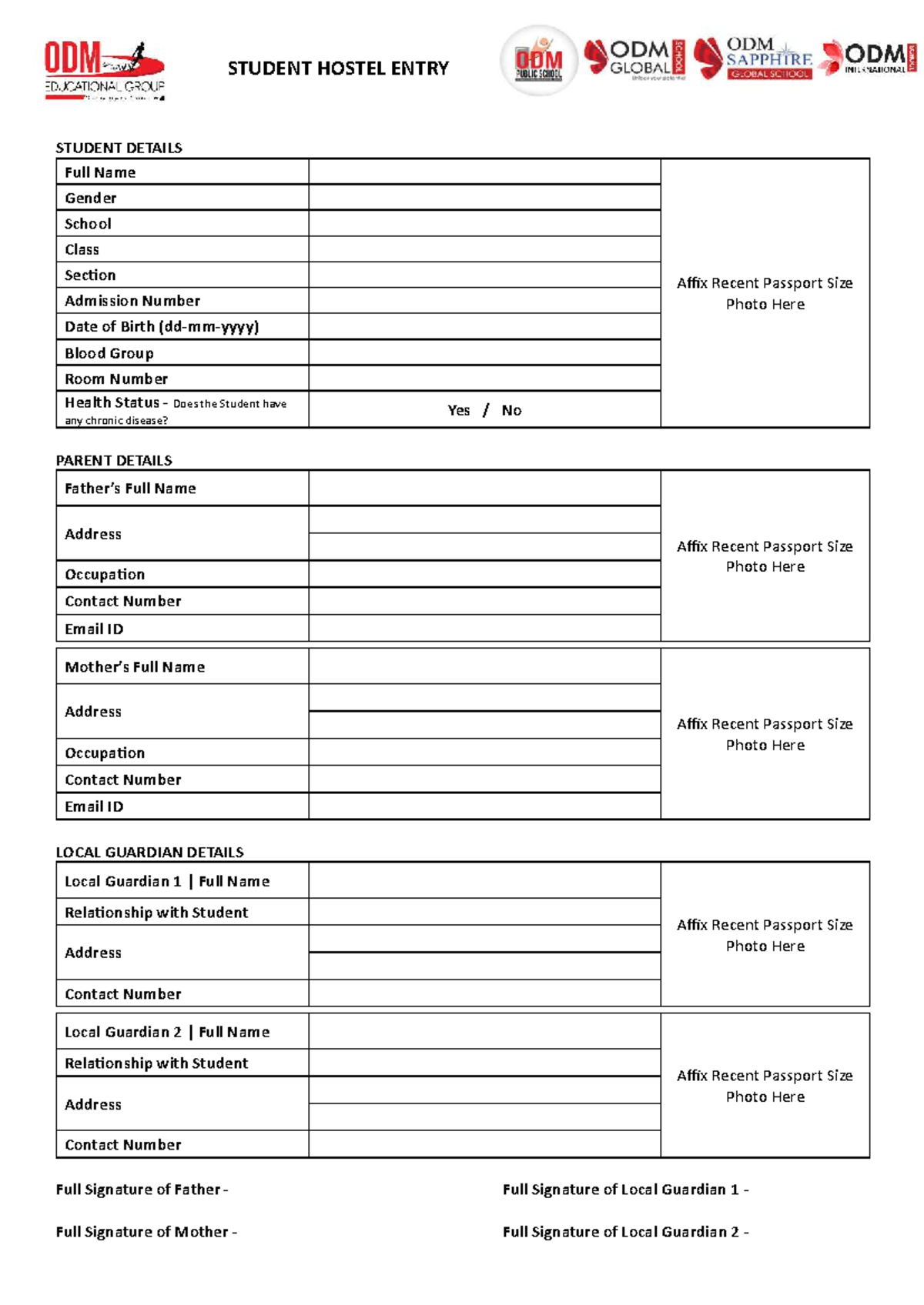 Hostel Entry Student Form: Admission & Medical Details - Studocu