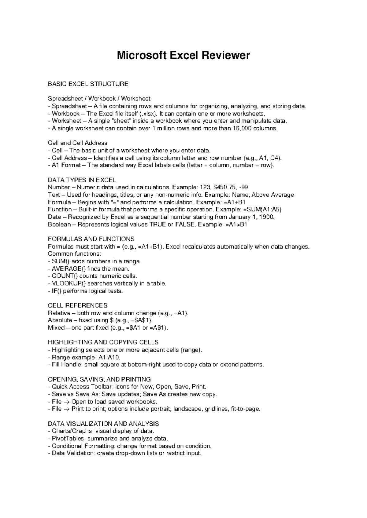 Excel Reviewer - ITAPP: Basic Structure & Functions Guide - Studocu