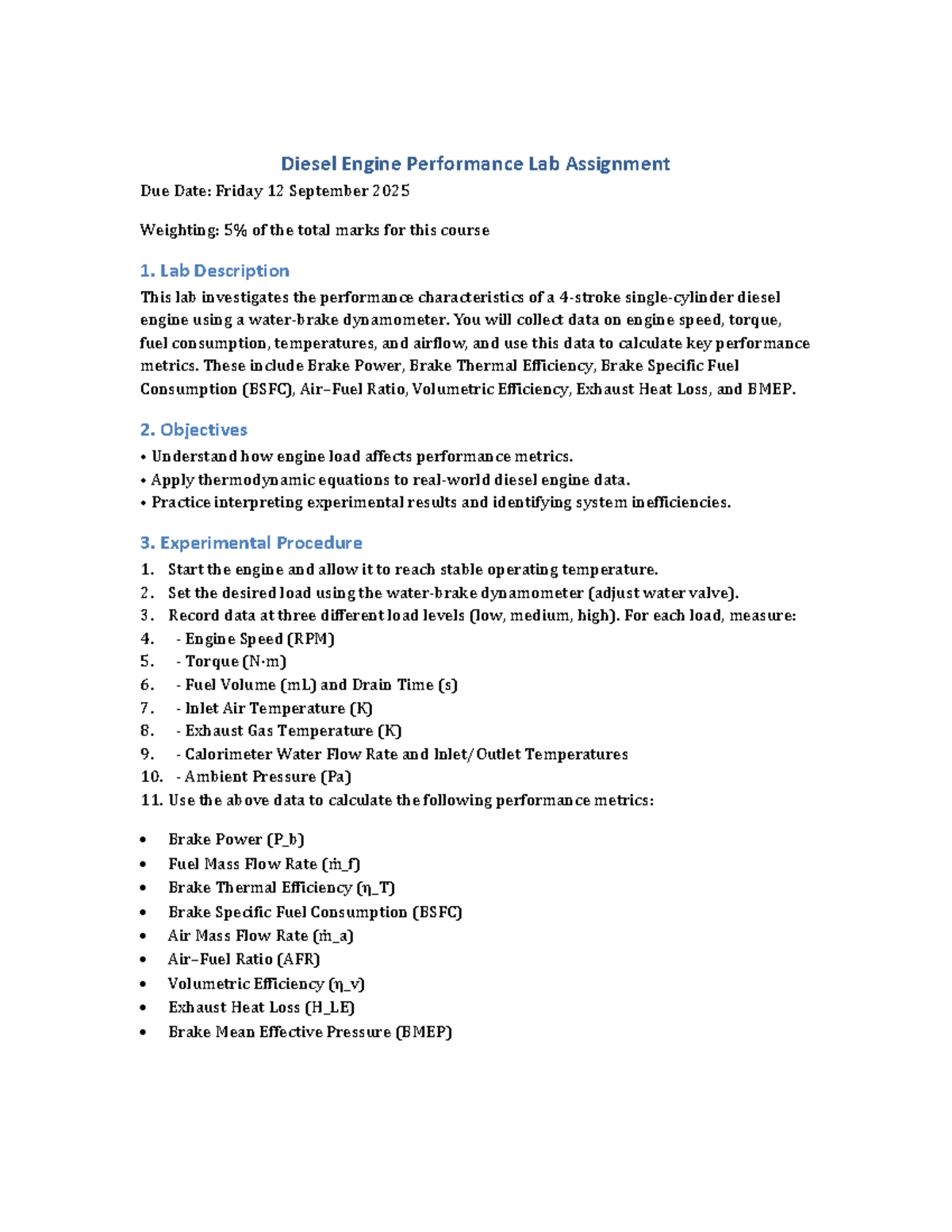 Diesel Engine Performance Lab Assignment (ENG 101) - Studocu