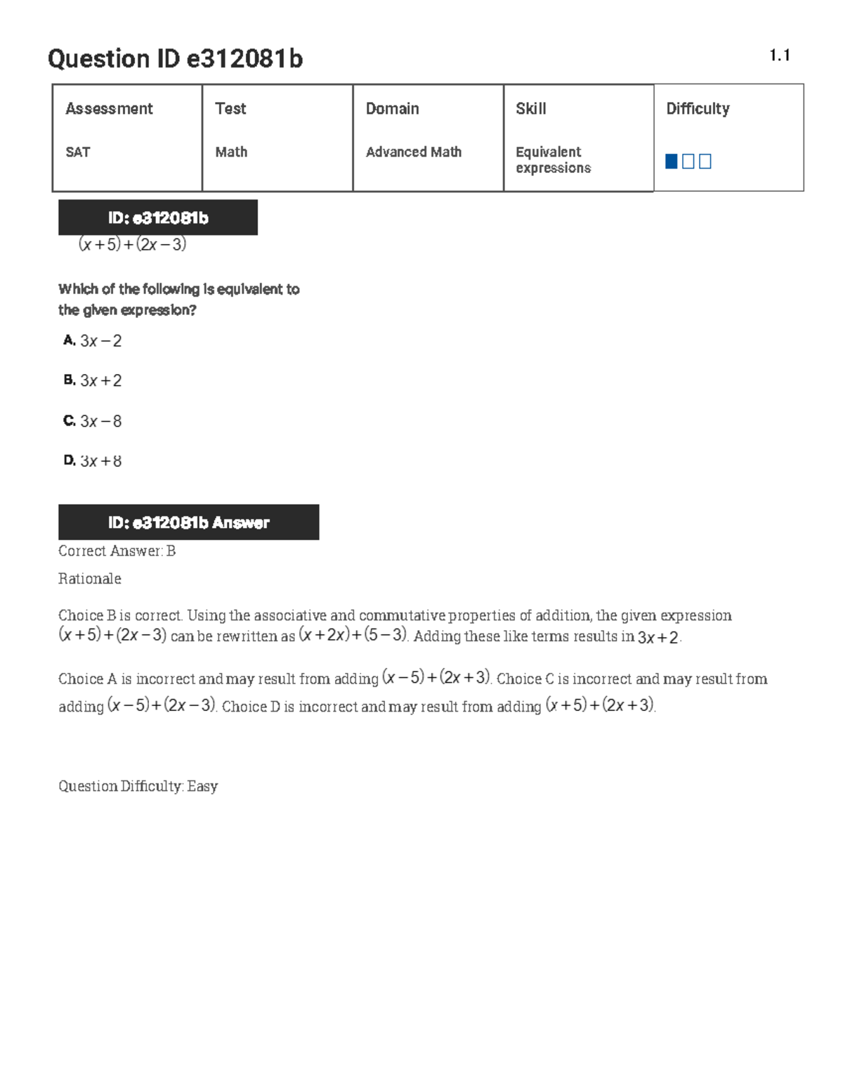 Equivalent Expressions SAT Math Answer Key (Level 1) - Studocu