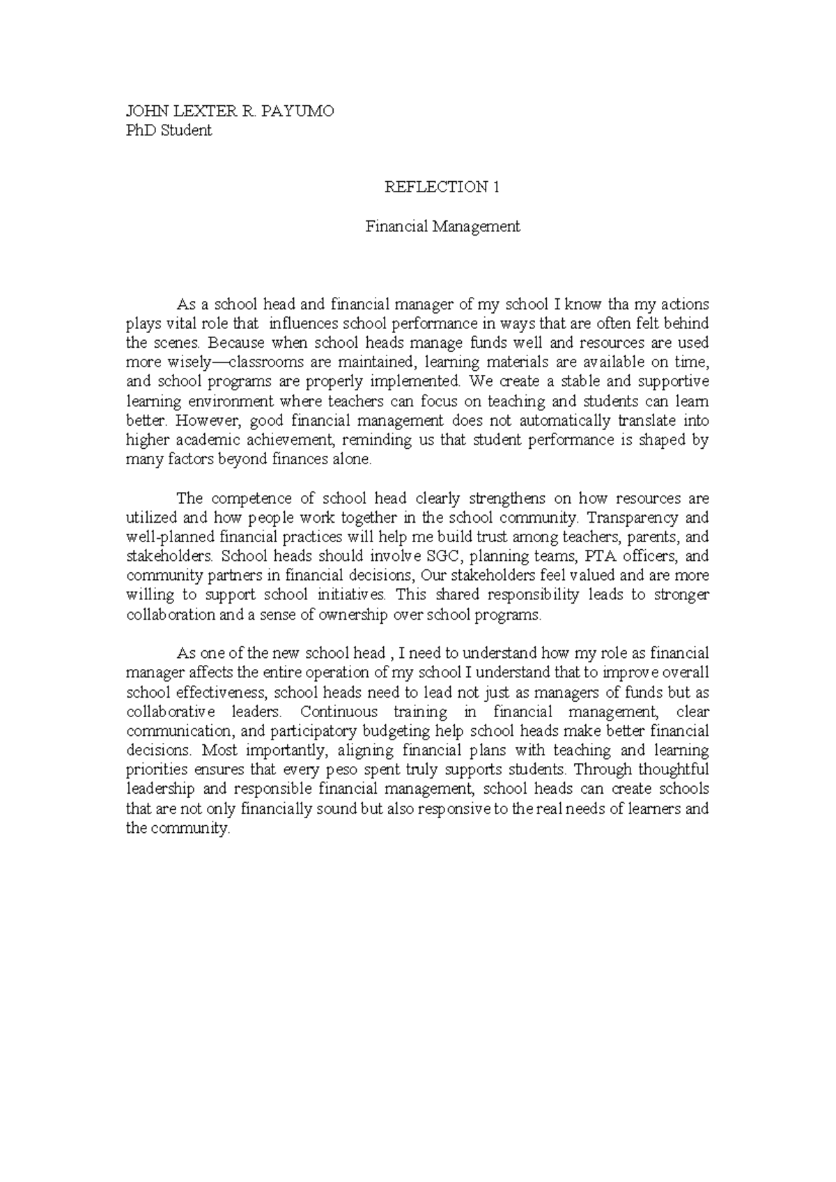 FIN 101 Reflection 1: The Role of Financial Management in Schools - Studocu