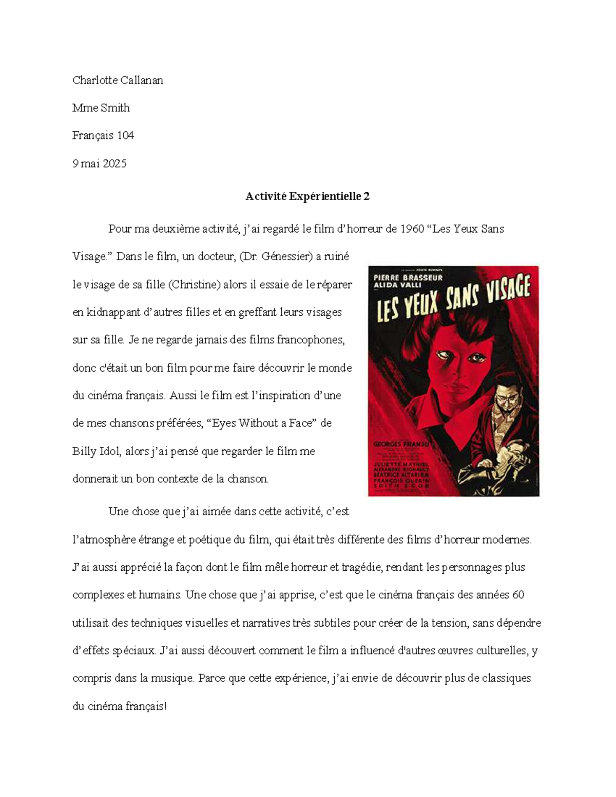 Activité Expérientielle 2: Analyse du film "Yeux Sans Visage ...