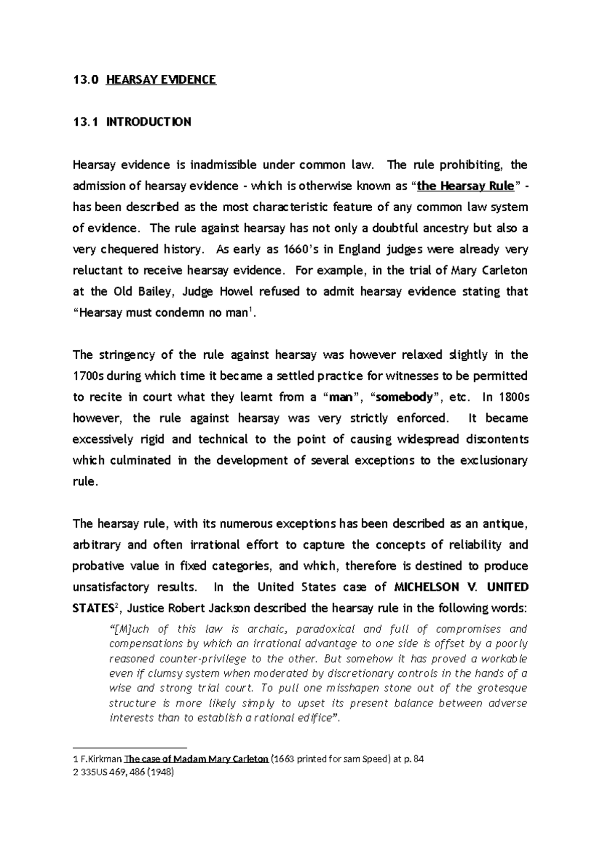 Analysis of Hearsay Evidence: Common Law Implications (Course Code ...