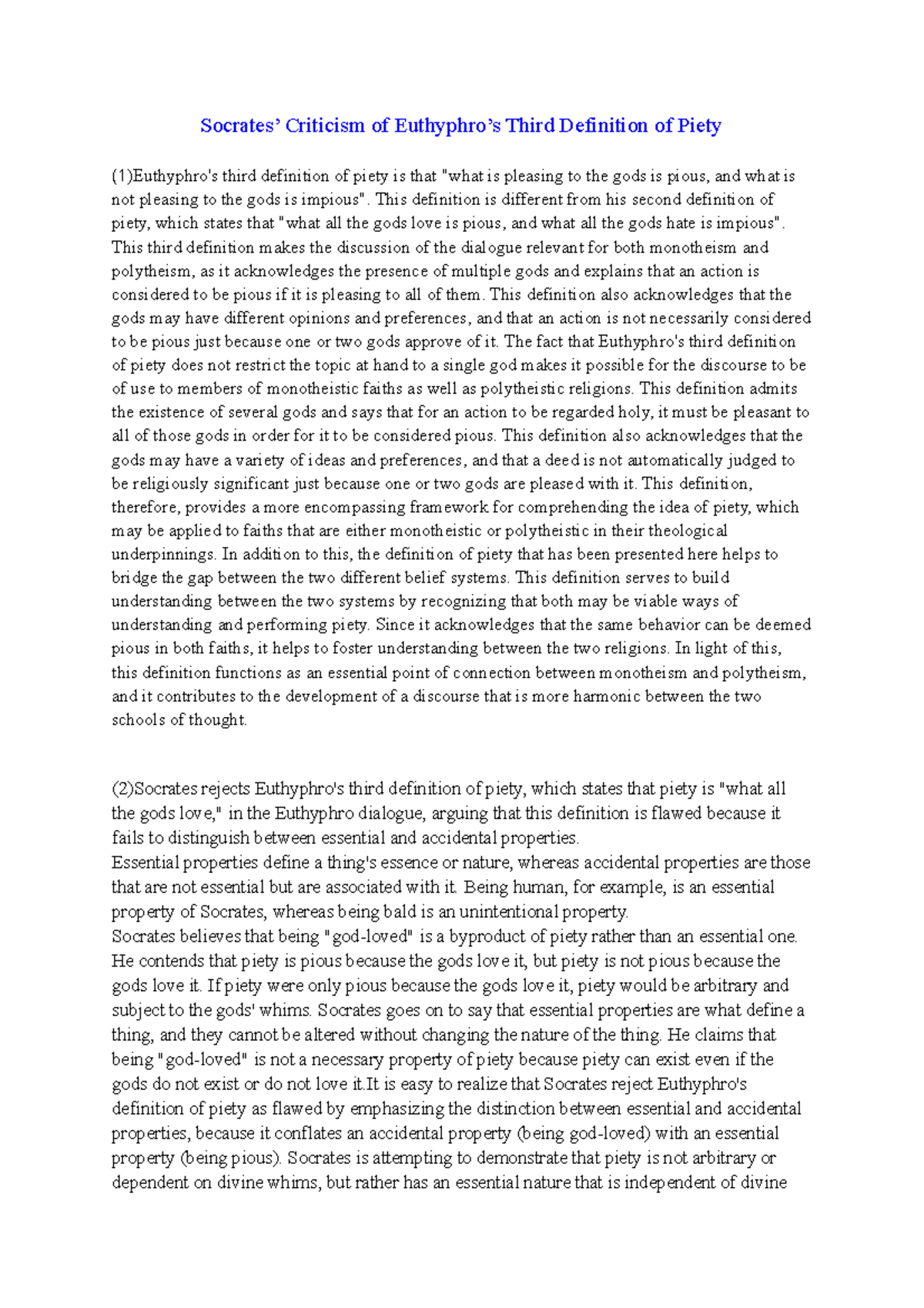 Socrates' Rejection of Euthyphro's Third Definition of Piety - Studocu