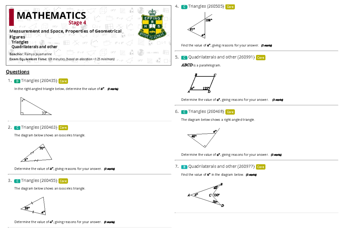 Triangles and Quadrilaterals Exam Solutions (260505) - Studocu